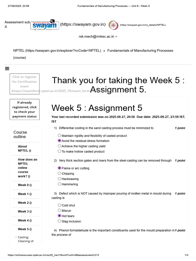 Fundamentals of Manufacturing Processes - Week 5 - Answer | PDF | Building Materials ...