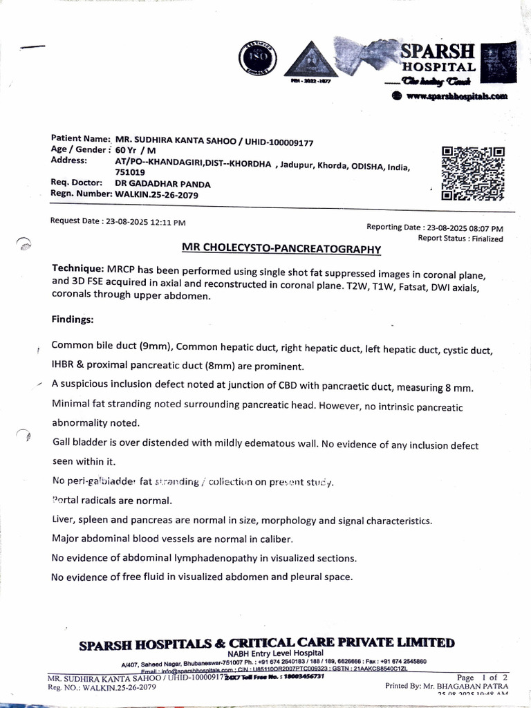 MRCP Report for Sudhira Kanta Sahoo | PDF | Pancreas | Liver