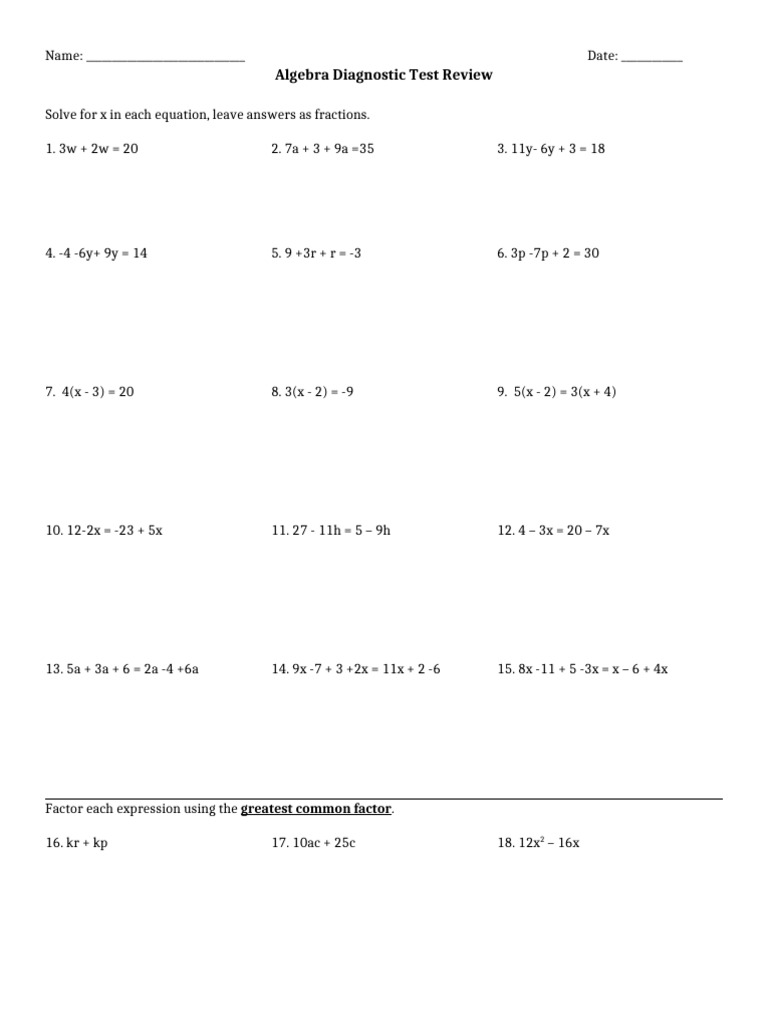 Algebra Diagnostic Test Review Guide | PDF
