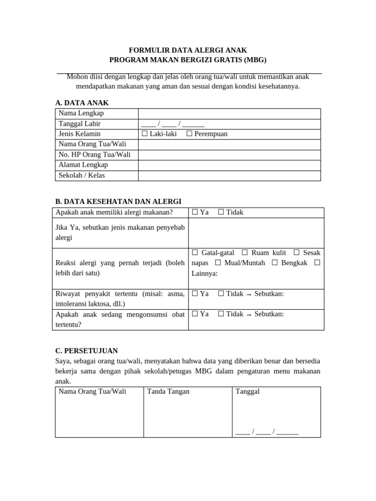 Formulir Data Alergi Anak MBG | PDF