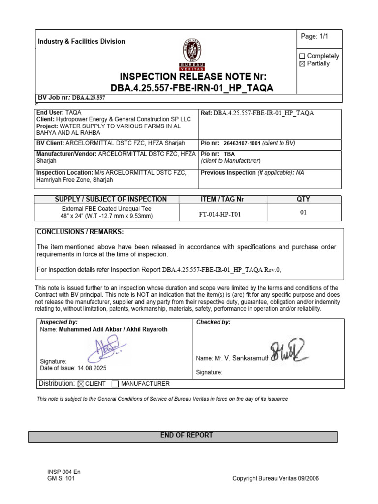 Inspection Release Note for TAQA Project | PDF