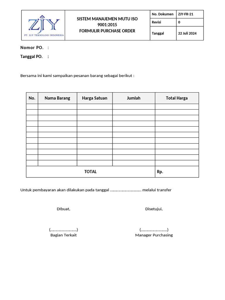 ZJY-FR-21 Formulir Purchase Order | PDF