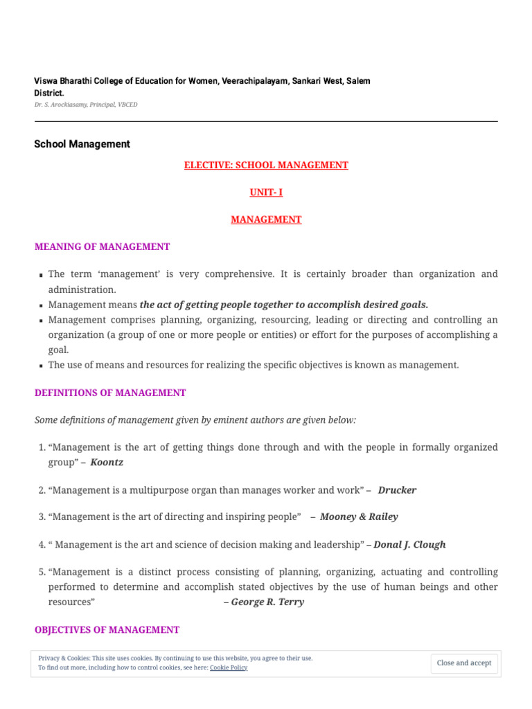 School Management - Viswa Bharathi College of Education For Women, Veerachipalayam, Sankari West ...