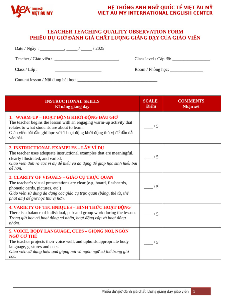 (Format Mẫu) English Teacher Observation | PDF
