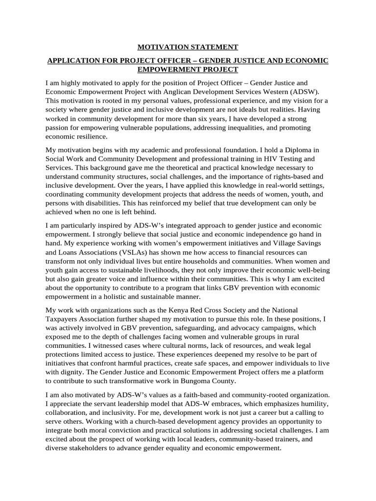 Omany Lilian Motivation Statement | PDF | Empowerment | Gender Equality