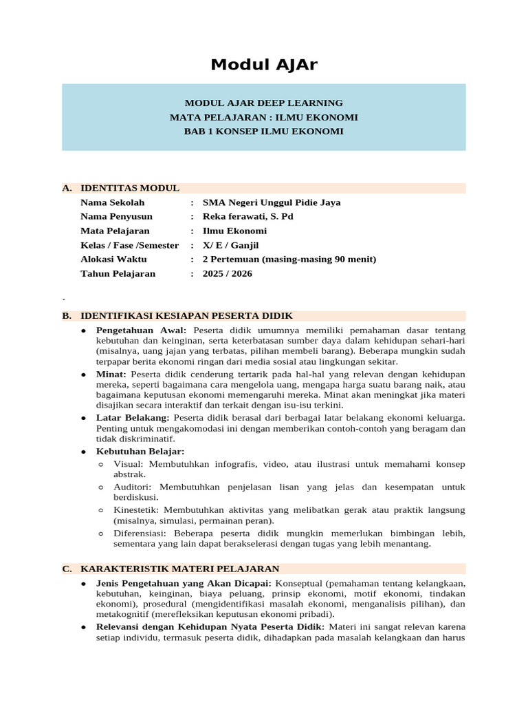 MODUL AJAR Ekonomi Kelas X Ganjil Genap Deep Learnig (REKA FERAWATI) | PDF