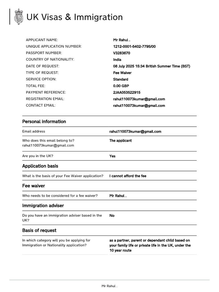 Fee Waiver Application for UK Visa | PDF | Travel Visa | Identity Document
