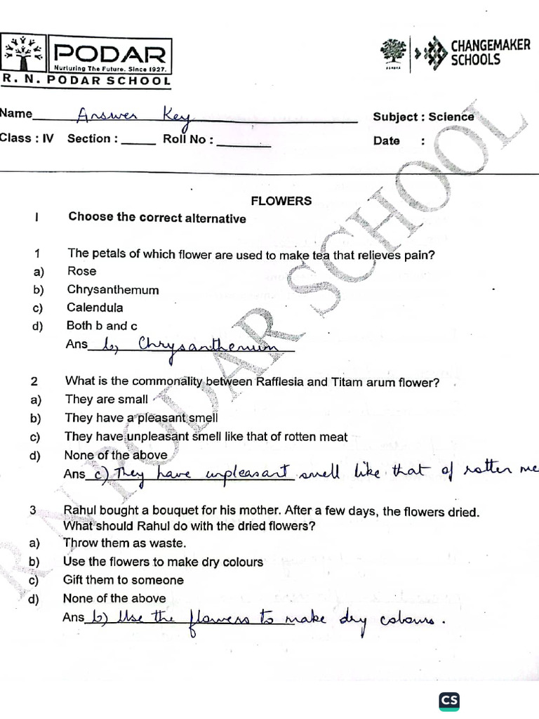 Flowers Worksheet Answer Key | PDF