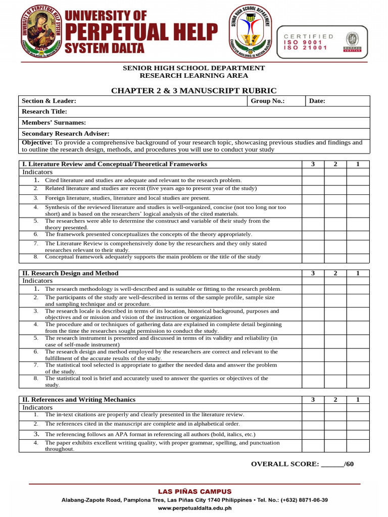 Manuscript Rubric For Chapter 2 and 3 | PDF | Methodology | Science