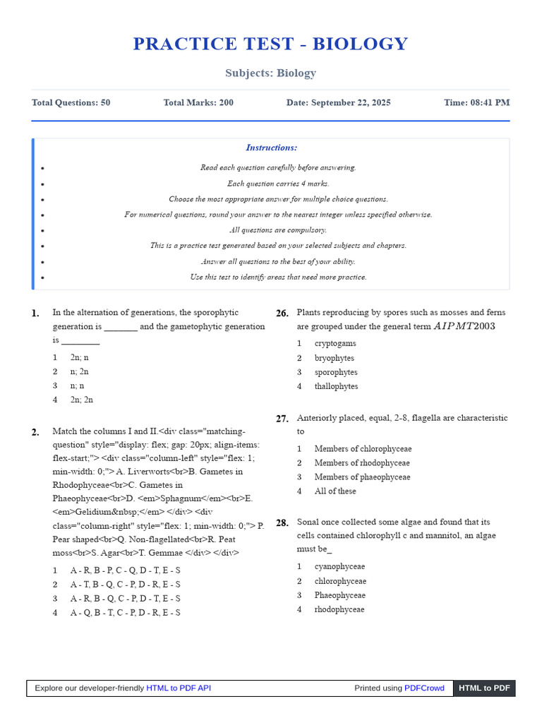 Practice Test Biology 1758553864014.html | PDF | Moss | Sexual Reproduction