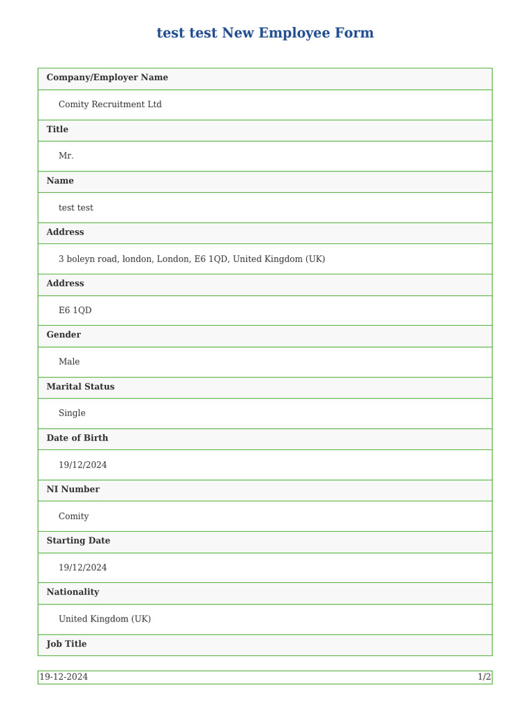 Test Test New Employee Form 19 74 | PDF