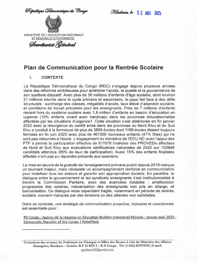 Plan de Communication Pour La Rentree Scolaire - 2025-2026 | PDF