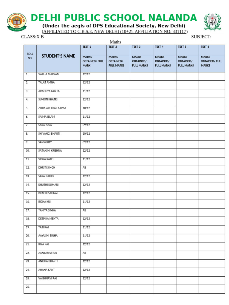 Class - X B Sub-Maths Revision Test Record Format | PDF