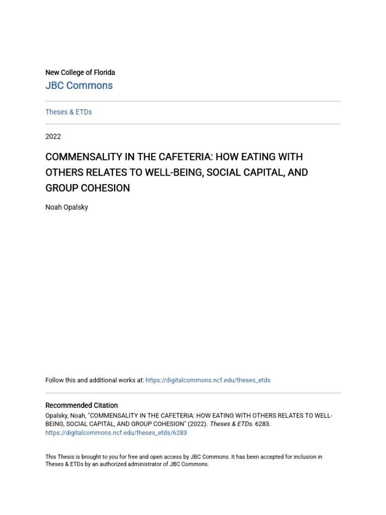 Commensality in The Cafeteria - How Eating With Others Relates To | PDF ...