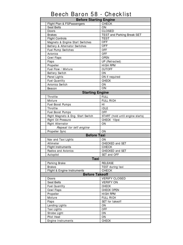 Baron 58 Pilot Checklist | PDF | Flap (Aeronautics) | Takeoff