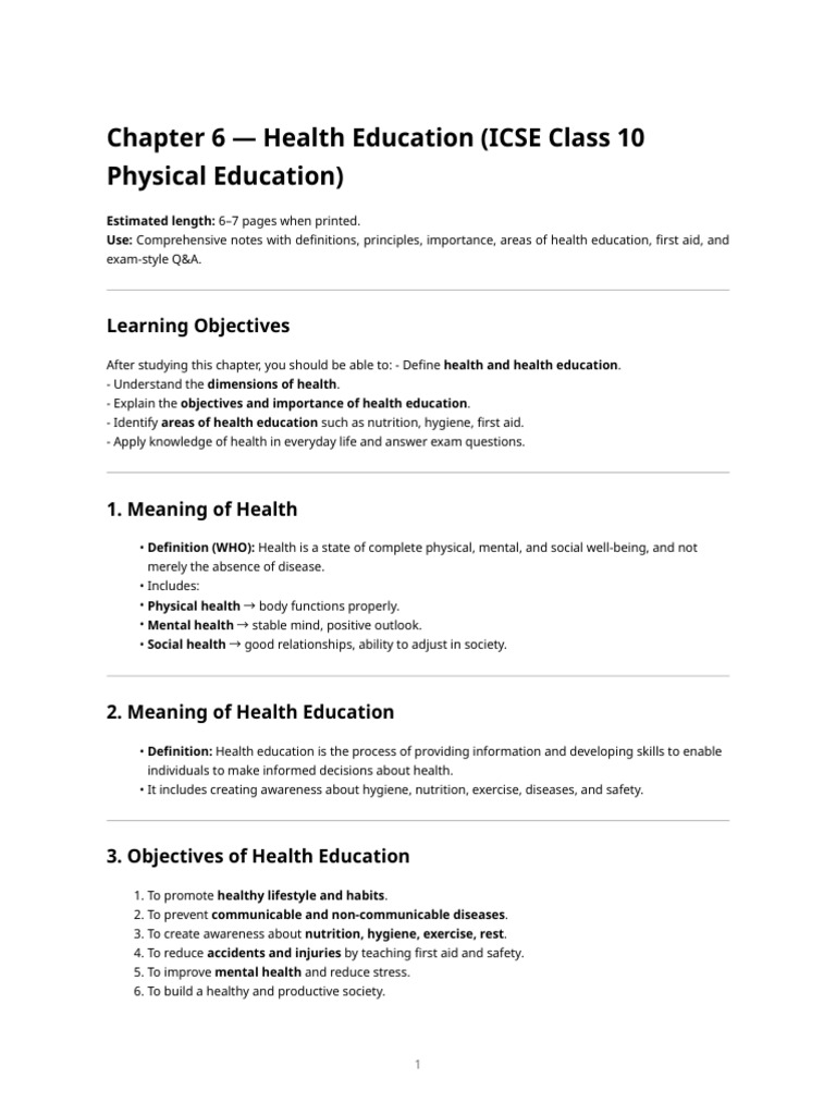 Icse Class 10 Pe - Chapter 6 - Health Education (Detailed) | PDF | Hygiene | Public Health