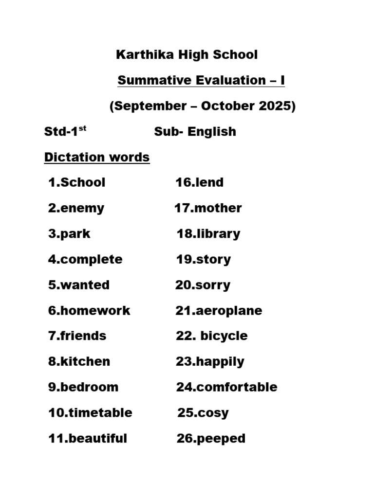 Class 1 Dictation Words & Sentences | PDF