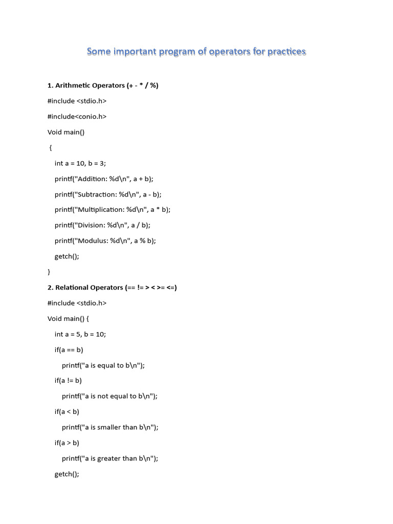Some Important Program of Operators For Practices | PDF | Computer ...