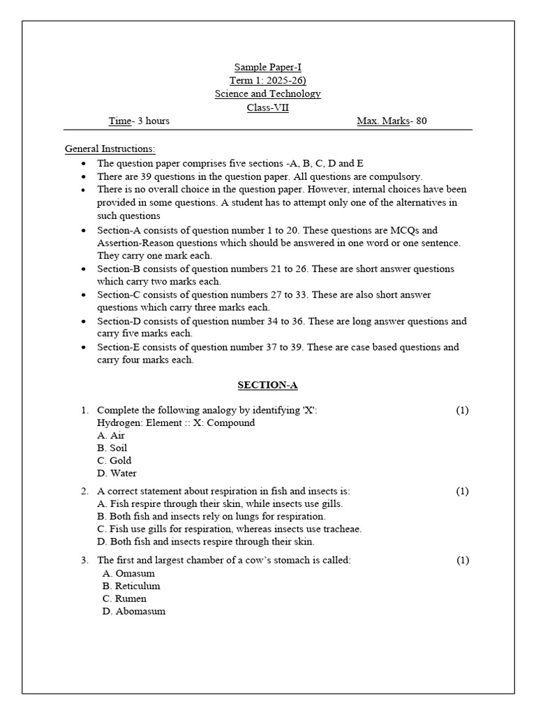 Class VII Term 1 Science Sample Paper | PDF | Digestion | Chemical ...