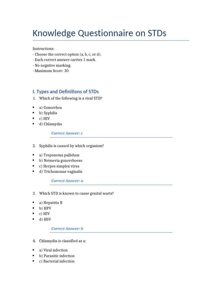 STD Knowledge Questionnaire and Scoring Guide | PDF | Sexually ...