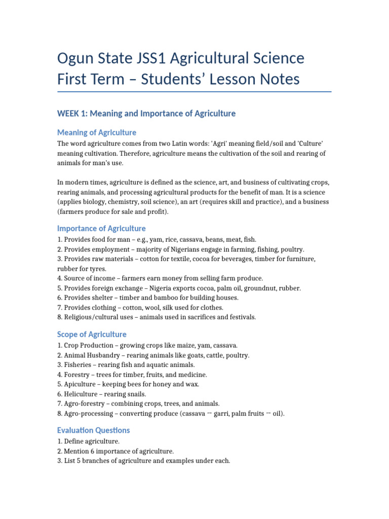 JSS1 Agricultural Science: First Term Notes | PDF | Agriculture | Soil