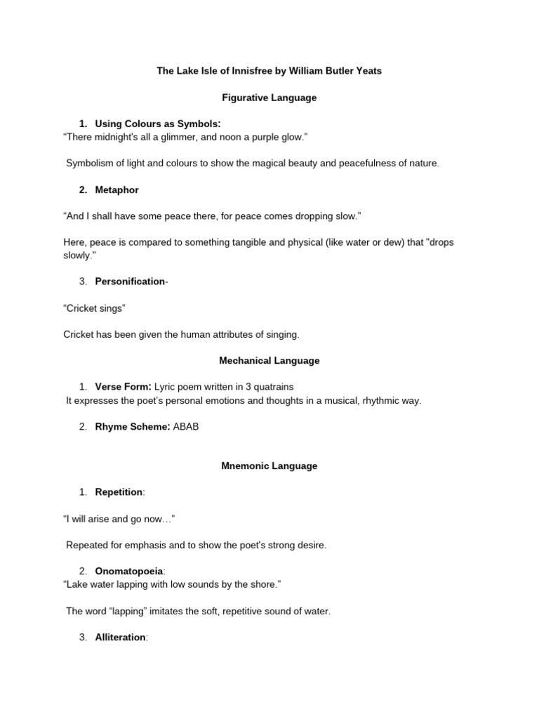 The Lake Isle of Innisfree by William Butler Yeats | PDF