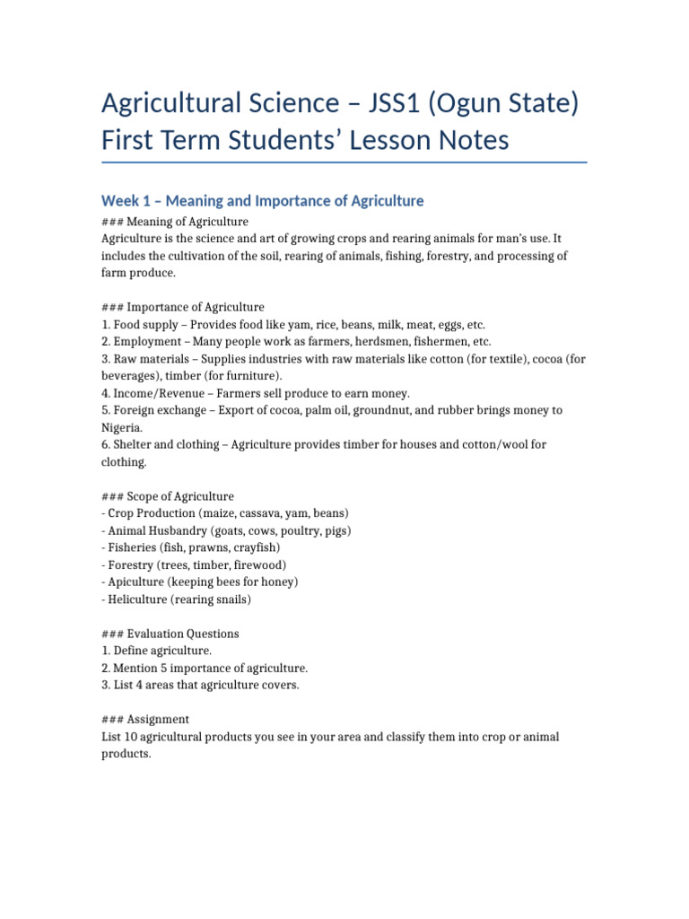 JSS1 Agricultural Science First Term Notes | PDF | Agriculture | Crops