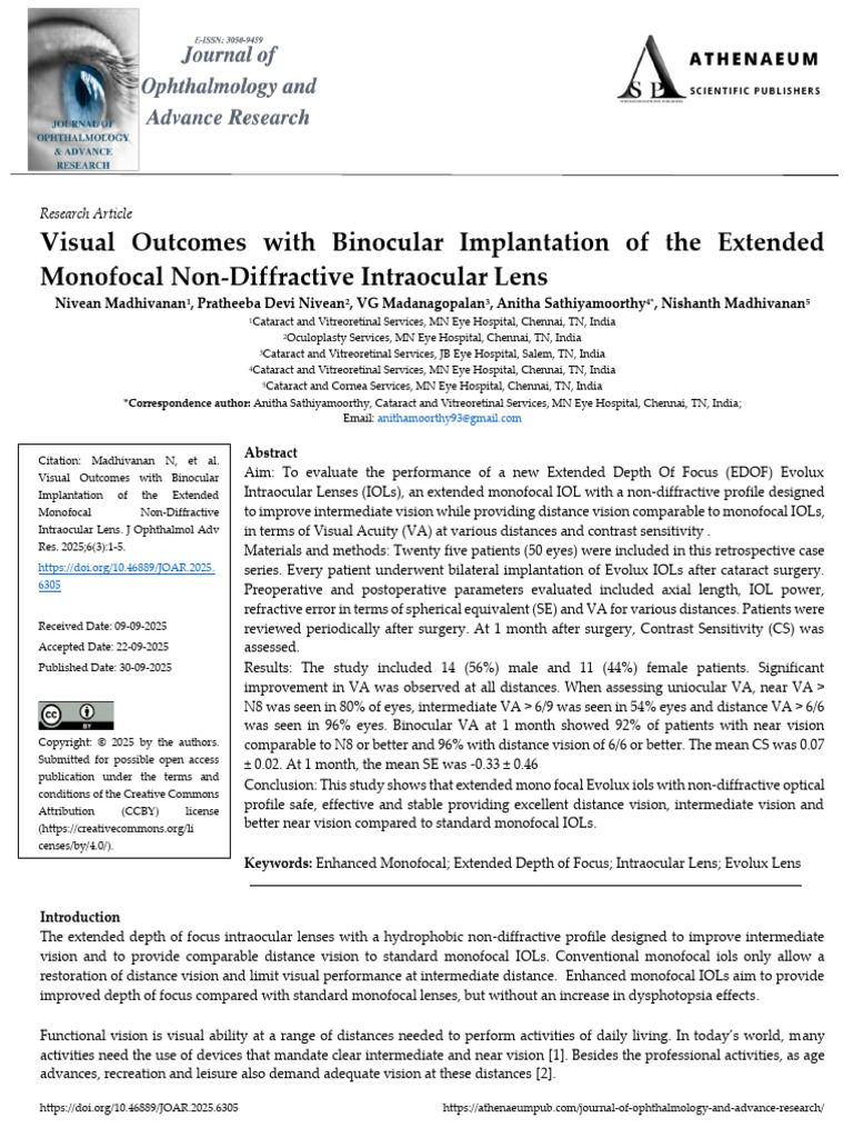 Visual Outcomes With Binocular Implantation of The Extended Monofocal ...
