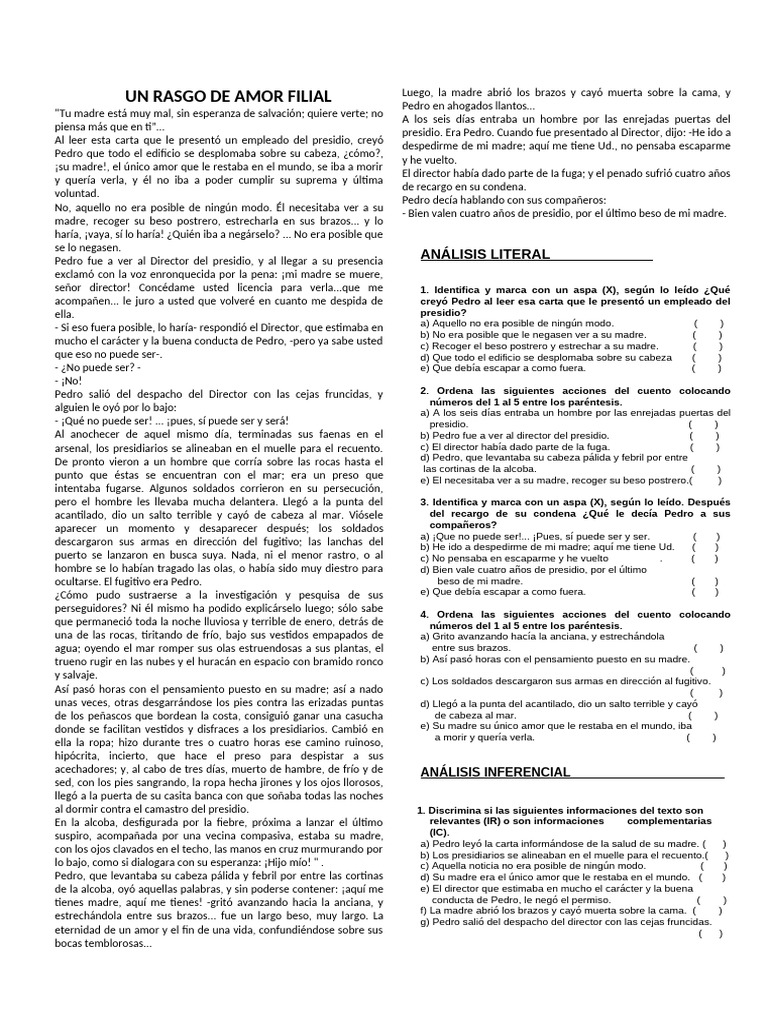 Comprension de Texto-Un Rasgo de Amor Filial | PDF