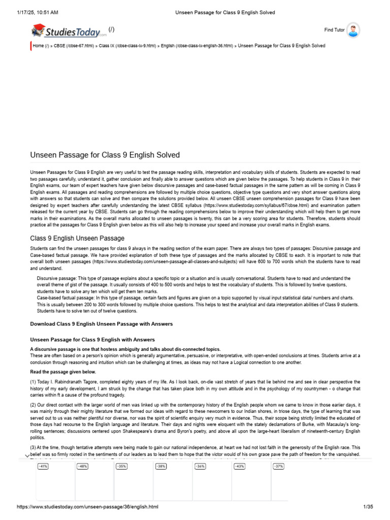 Unseen Passage For Class 9 English Solved | PDF | Sleep | Climate Change