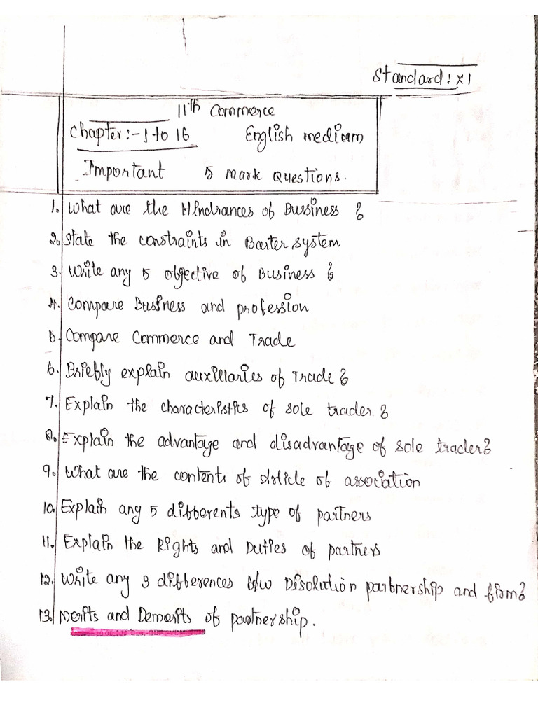 Namma Kalvi 11th Commerce Important 5 Mark Questions 1-13 em | PDF