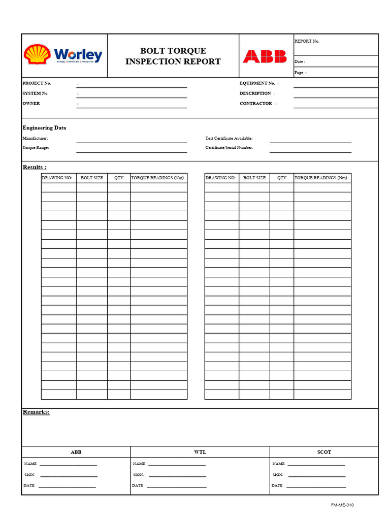 FM-ME-010 - Bolt Torque Inspection Report | PDF