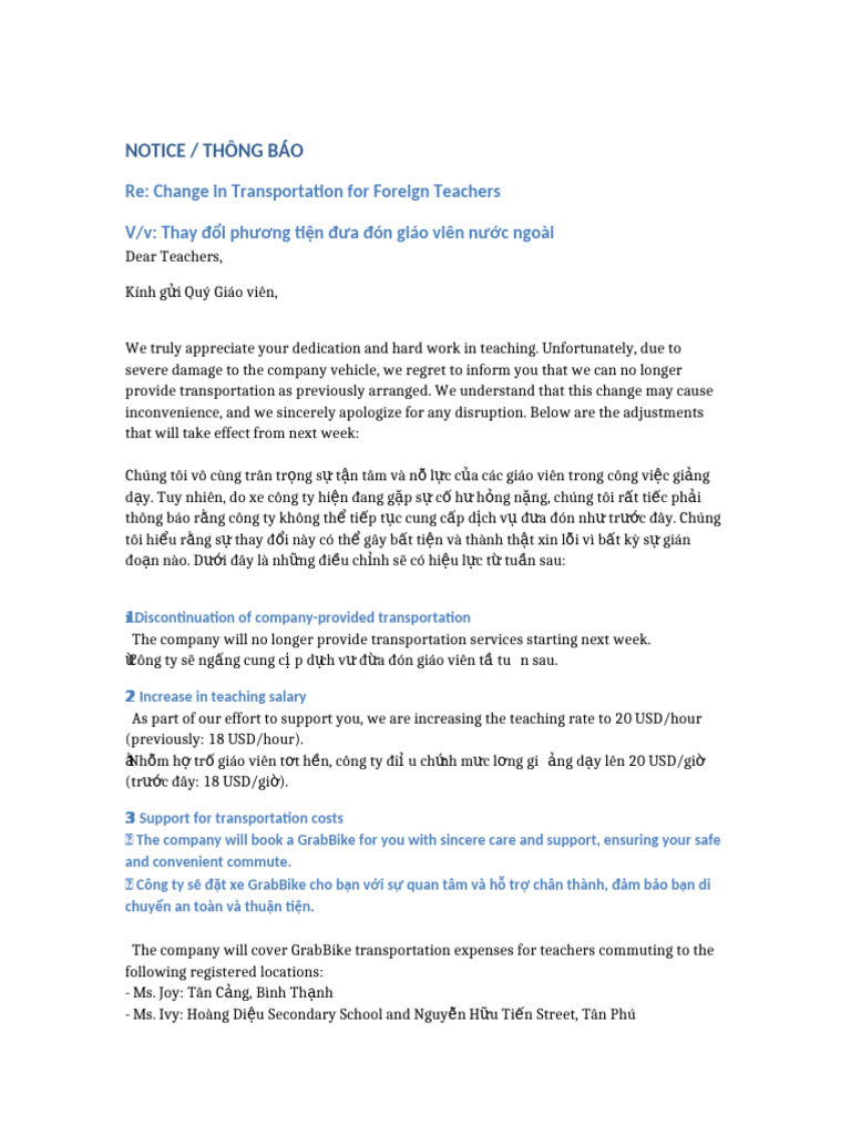 Updated Notice Change in Transportation | PDF