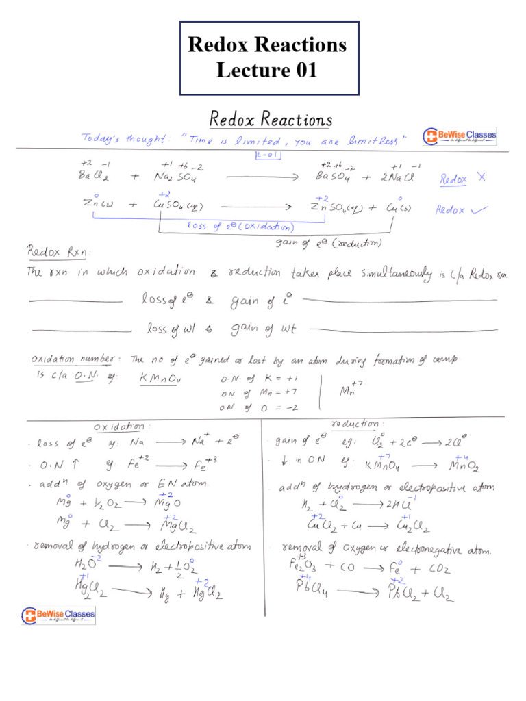 NEET Chemistry Redox Reactions Notes | PDF | Chemistry | Physical Sciences