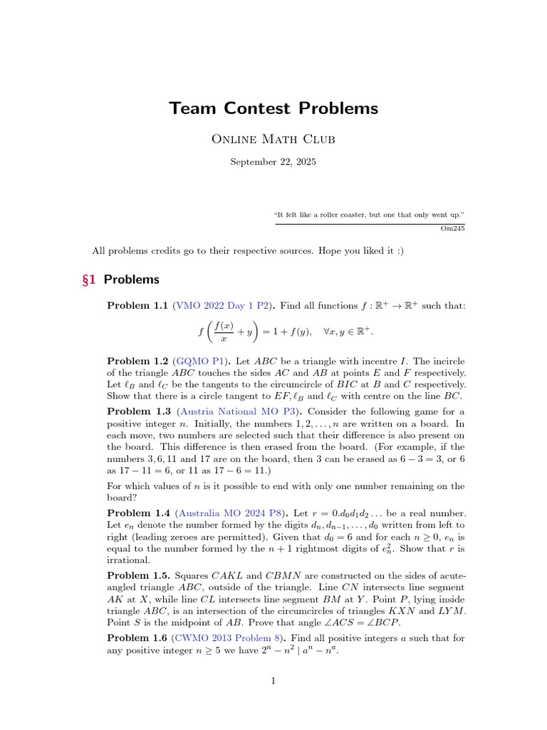 OMC Team Contest Problems | PDF | Triangle | Elementary Geometry
