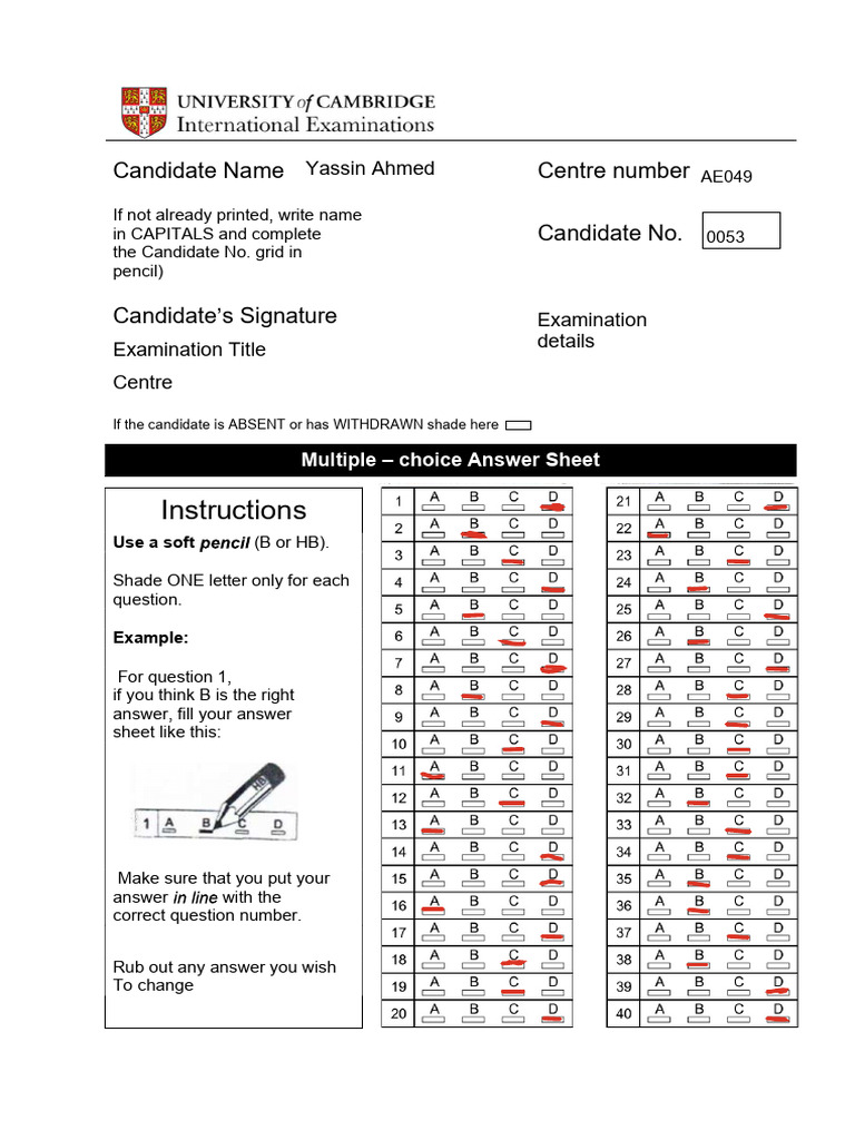 Candidate Examination Answer Sheet | PDF