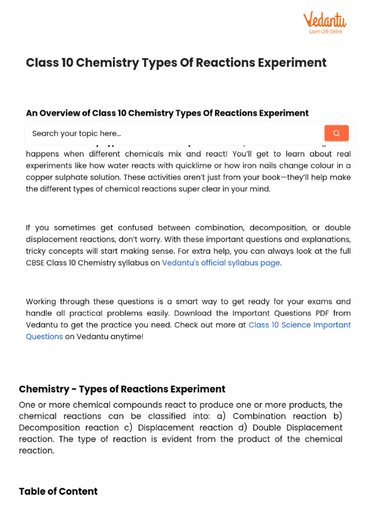 Class 10 Chemistry Types of Reactions Experiment | PDF