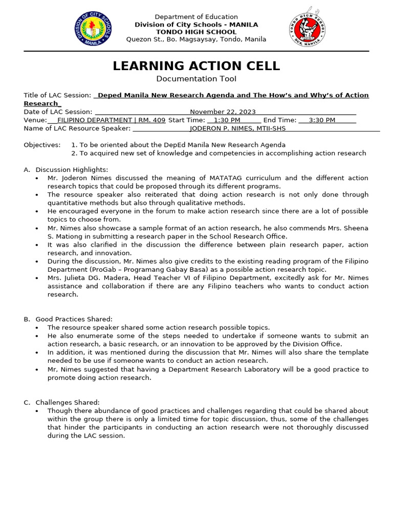 LAC Session Documentation Format | PDF | Manila | Inquiry