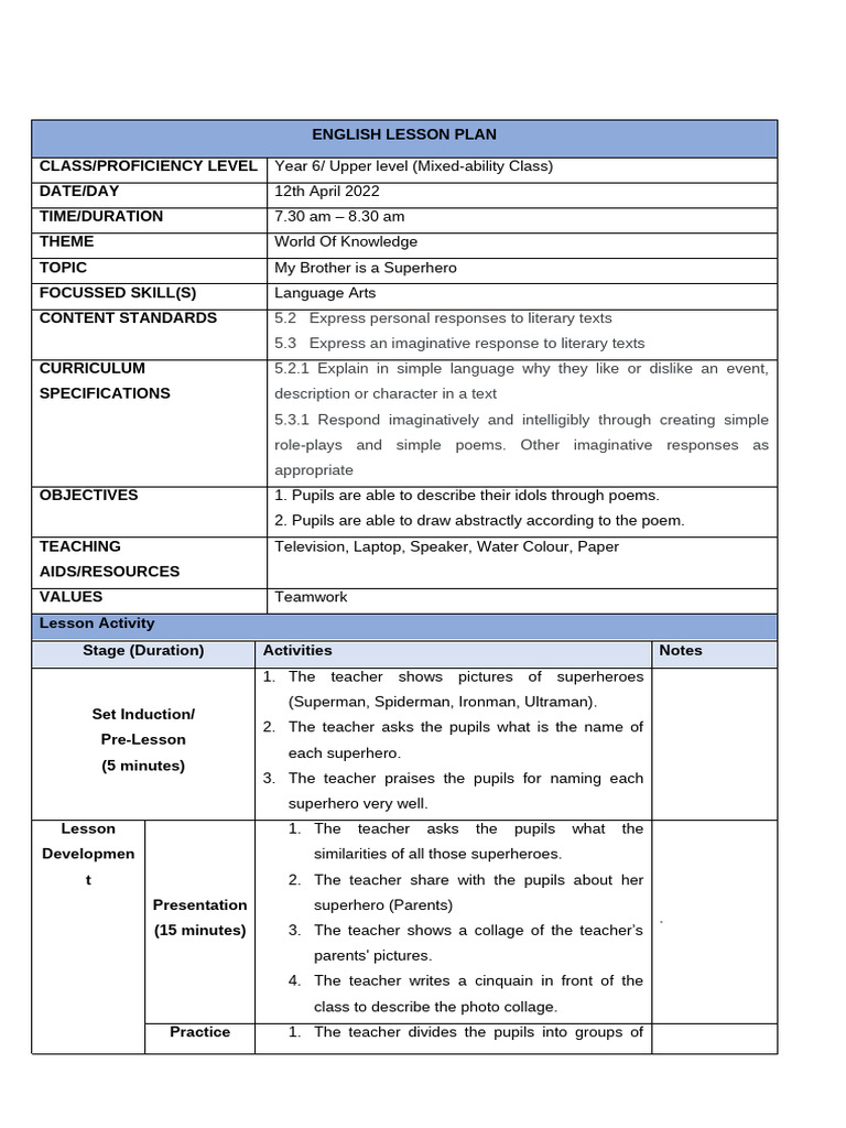Year 6 English Lesson: Superhero Poetry | PDF | Teachers | Learning