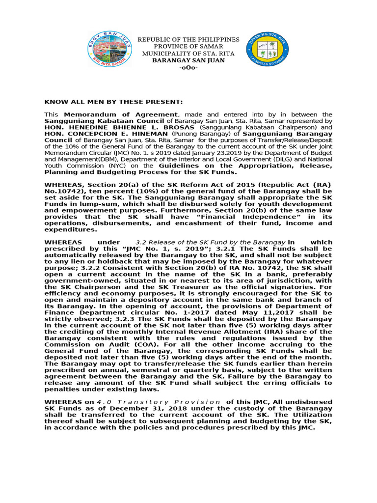 Memorandum of Agreement for SK Fund Transfer | PDF