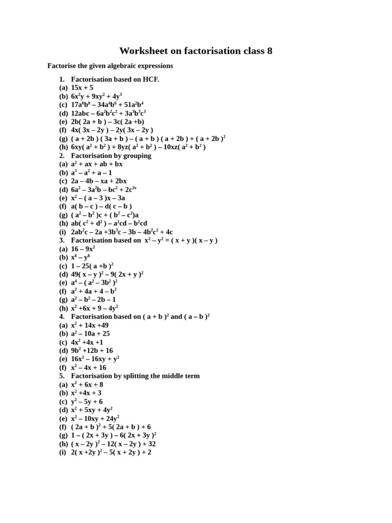 Class 8 Factorisation Worksheet | PDF