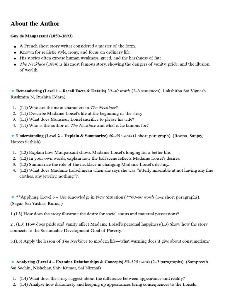The Necklace Questions - Docx 20250904 115540 0000 | PDF