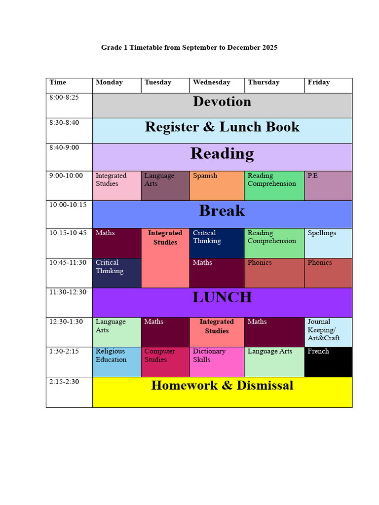 Grade 1 Timetable From September To December 2025 | PDF