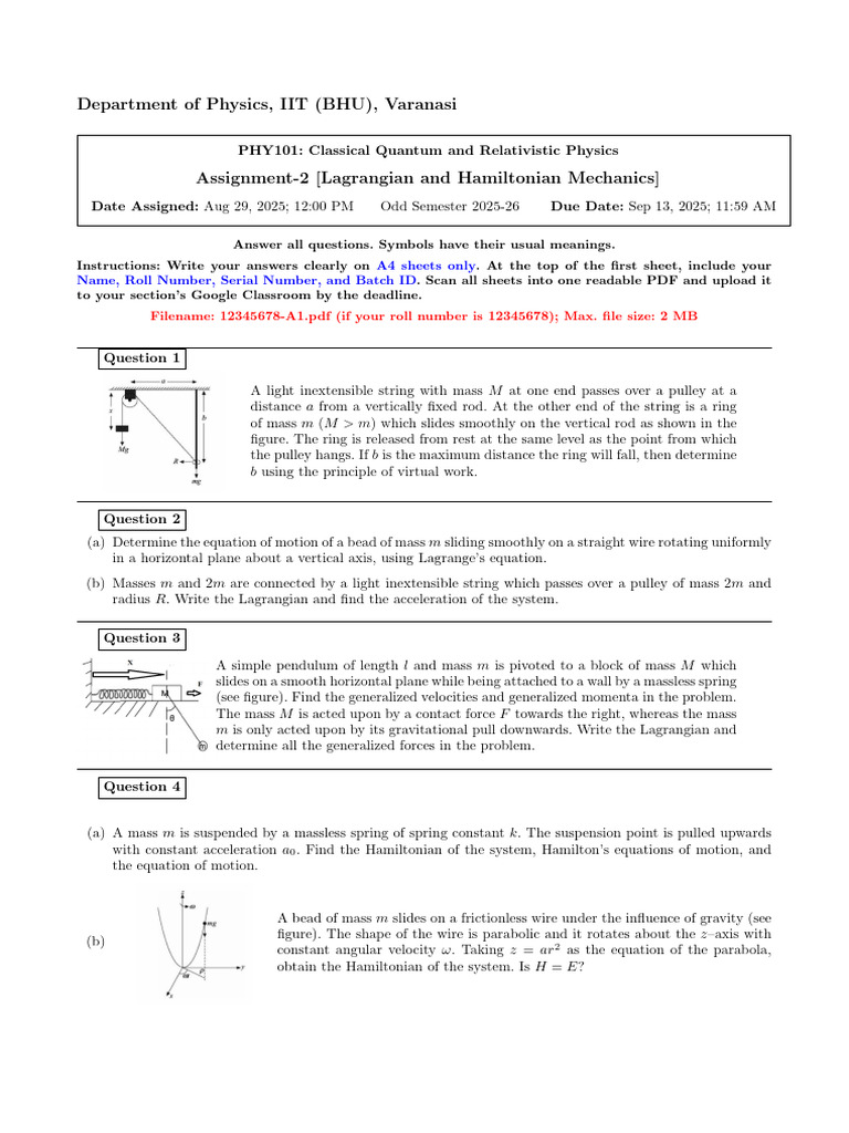 Assignment2 PHY101 2025-26 | PDF | Lagrangian Mechanics | Hamiltonian Mechanics