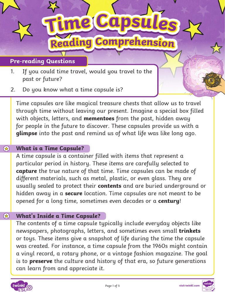 T 1699438286 Time Capsules Reading Comprehension Kids b2 c1 Ver 1 | PDF ...