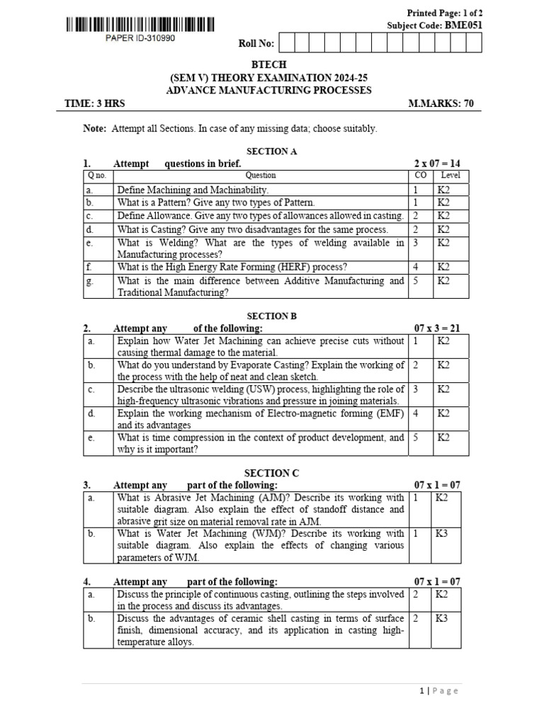Bme051 Advance Manufacturing Processes | PDF | Welding | Construction