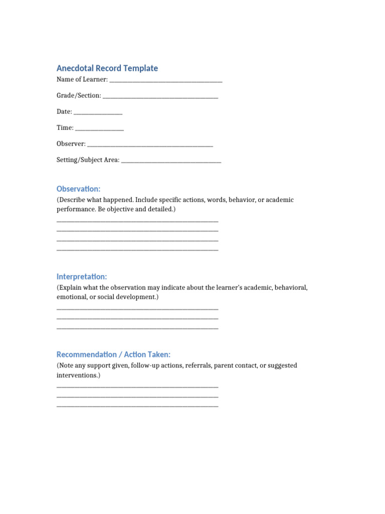 Anecdotal Record Template | PDF