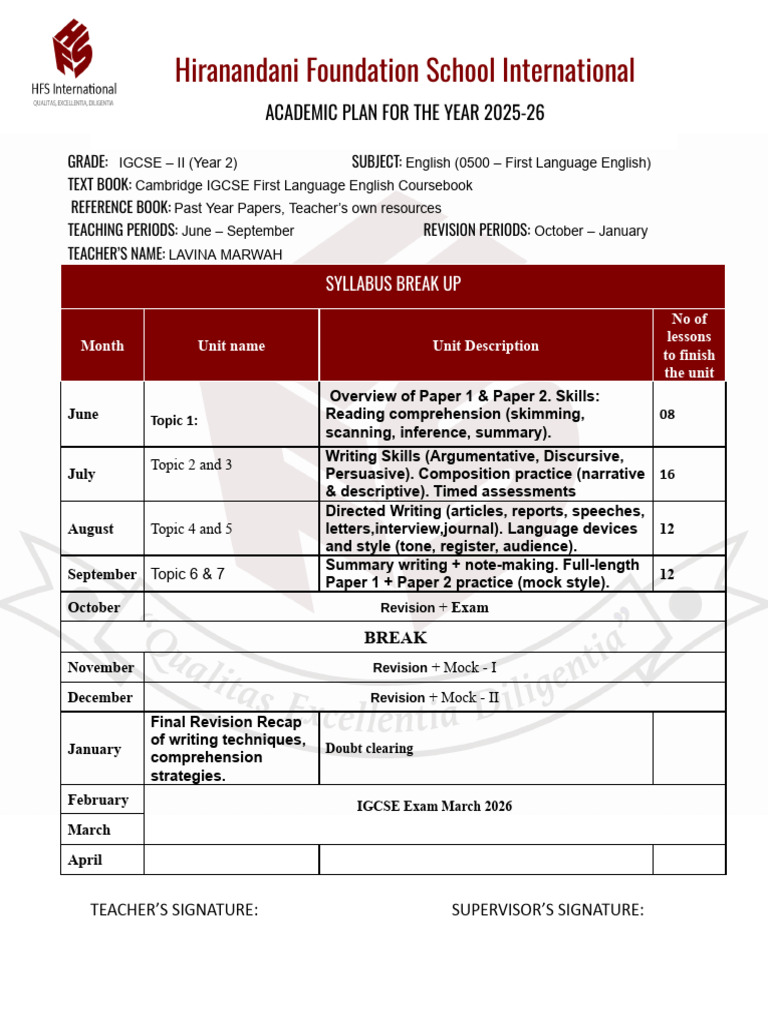 IGCSE English Academic Plan 2025-26 | PDF | Reading Comprehension ...