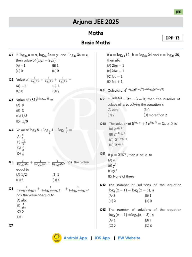 Basic Mathematics - DPP 13 (Of Lec 16) - Arjuna JEE 2025 | PDF | Mathematics | Mathematical Objects