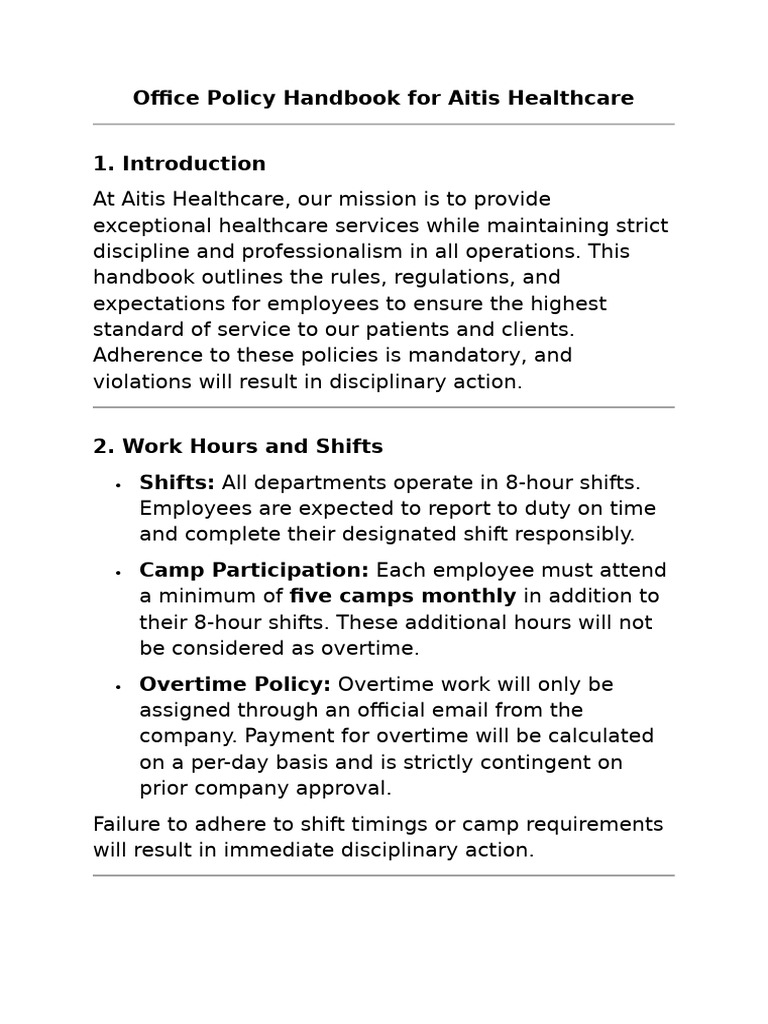 Office Policy Handbook For Aitis Healthcare | PDF | Overtime | Employment